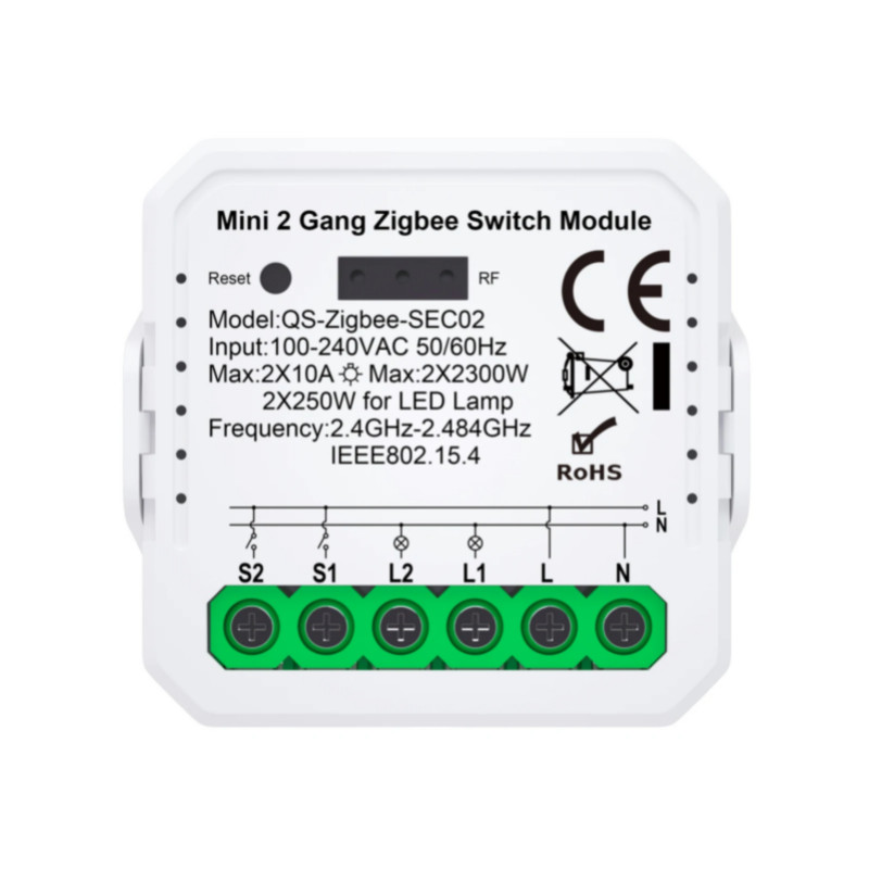 QS-Zigbee-SEC02 Tuya ZigBee Push Button Switch Module 2 Gang Switch Control Module APP Remotely ...