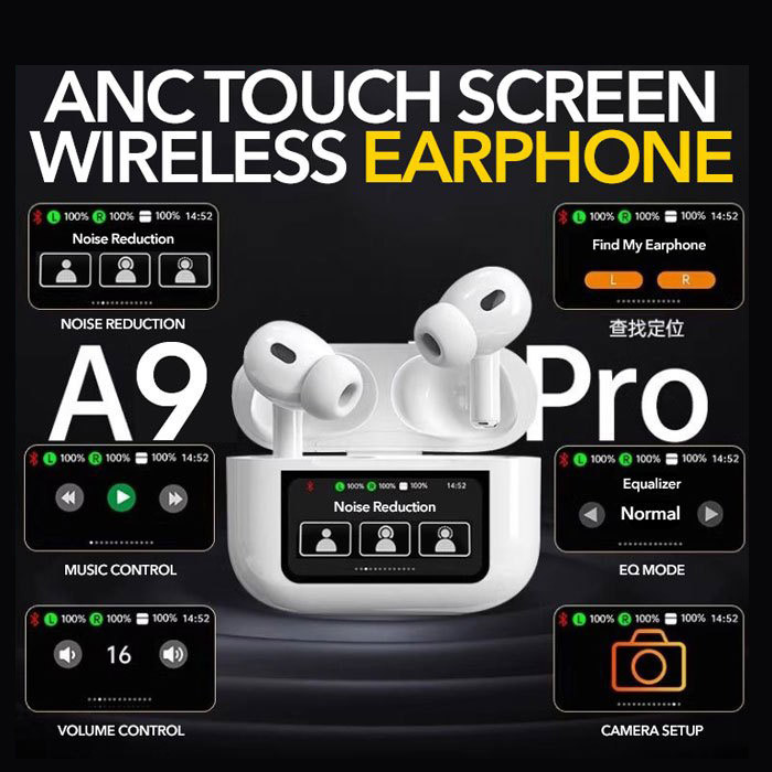 A9 Pro TWS Screen Wireless Bluetooth Earphones Supper Bass Smart Touch Screen Earbuds with Noise ...