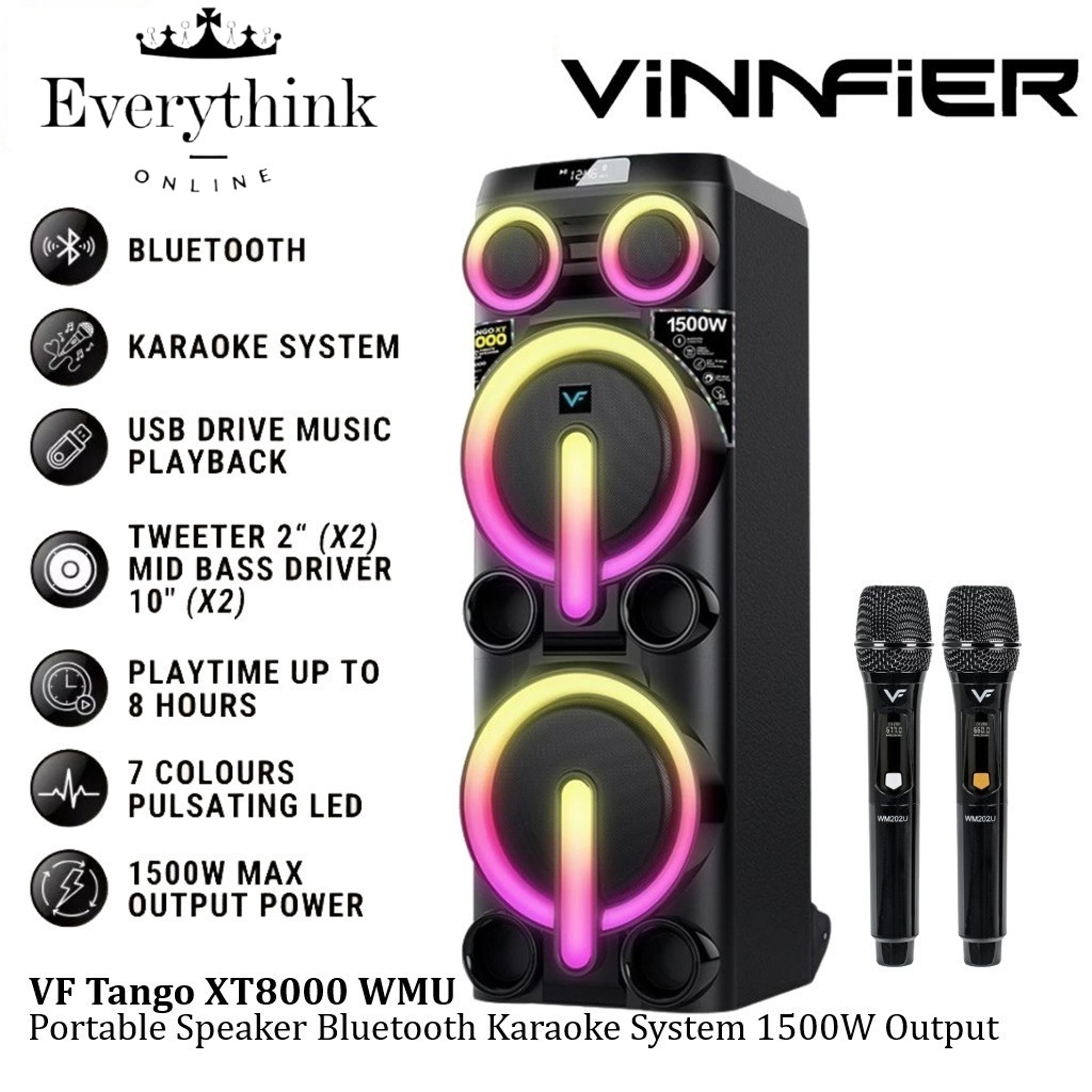 VINNFIER VF TANGO XT8000 WMU PORTABLE BLUETOOTH SPEAKER WITH 1500W MAX /14000MAH /KARAOKE SYSTEM ...