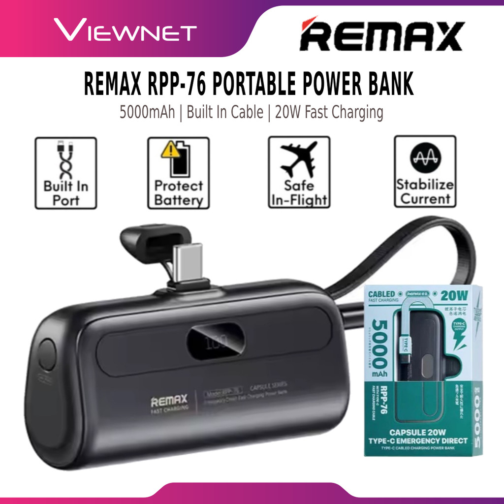 REMAX CAPSULE SERIES RPP-76 PORTABLE POWER BANK 5000MAH BUILT IN TYPE-C ...