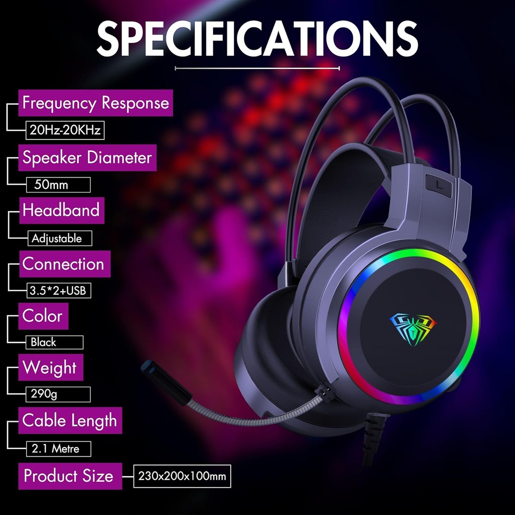 AULA S608 Wired Gaming Headset | RGB Lighting Effect with Stereo Sound | Closed Earmuffs with ...