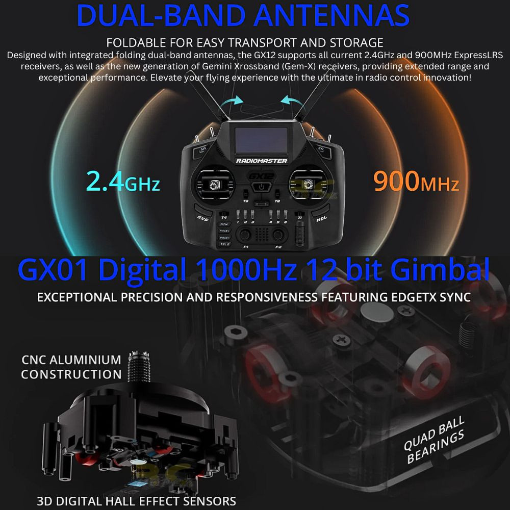 RadioMaster GX12 Dual-Band Gemini-X CNC Hall Gimbals ELRS 2.4GHz 915Mhz ...