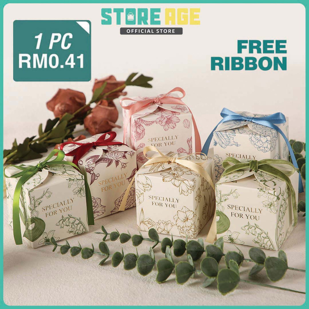 Store Age [50pcs] Small Floral Candy Box Square Ribbon | Wedding Party ...