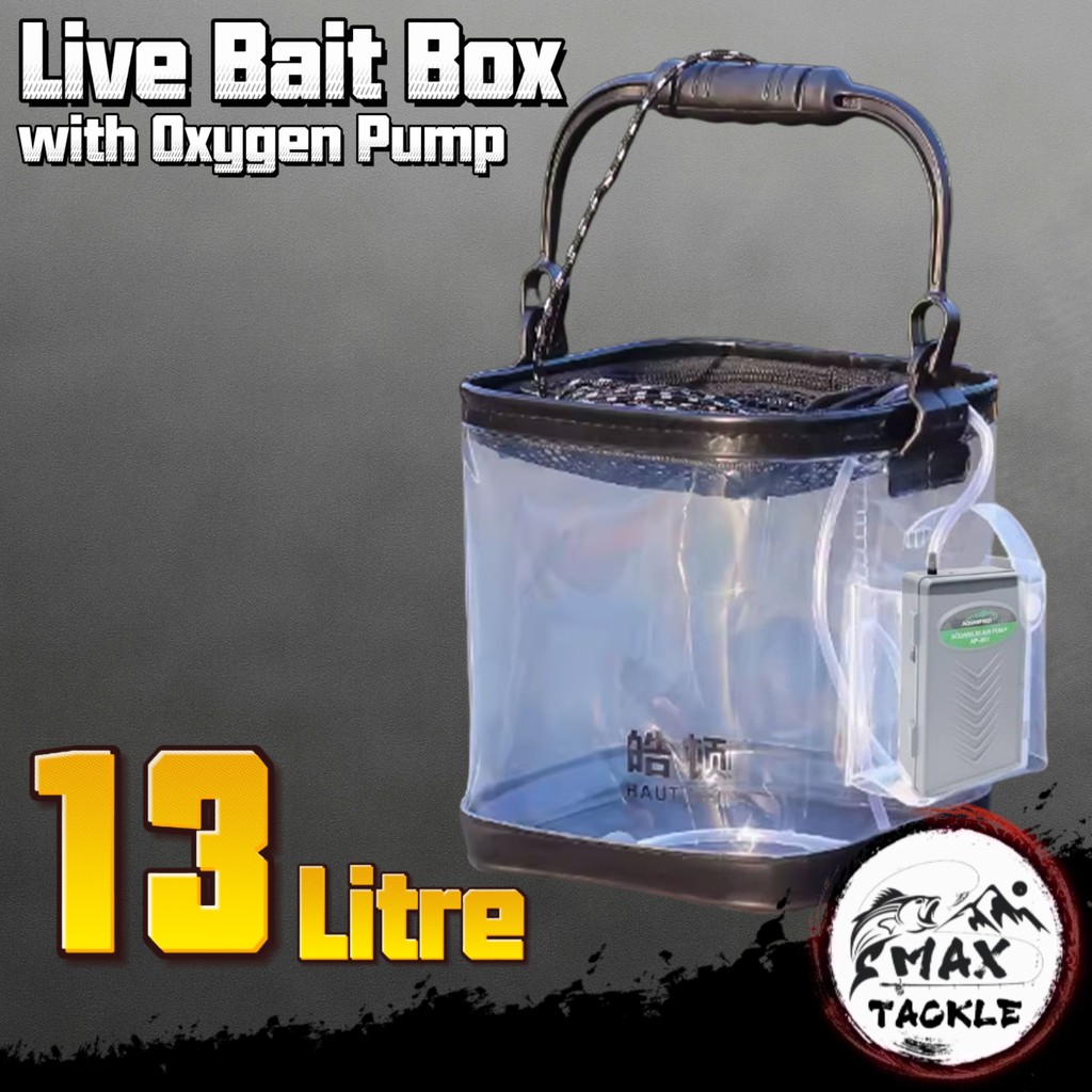 Live Bait Box with Oxygen Pump 13L Transparent Foldable Portable ...