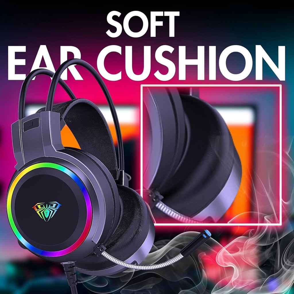 AULA S608 Wired Gaming Headset | RGB Lighting Effect with Stereo Sound | Closed Earmuffs with ...