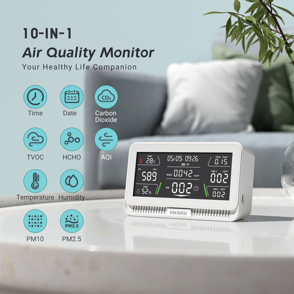 INKBIRD IAQM-129-W Air Quality Meter WiFi 10-in-1 CO2 Temperature ...