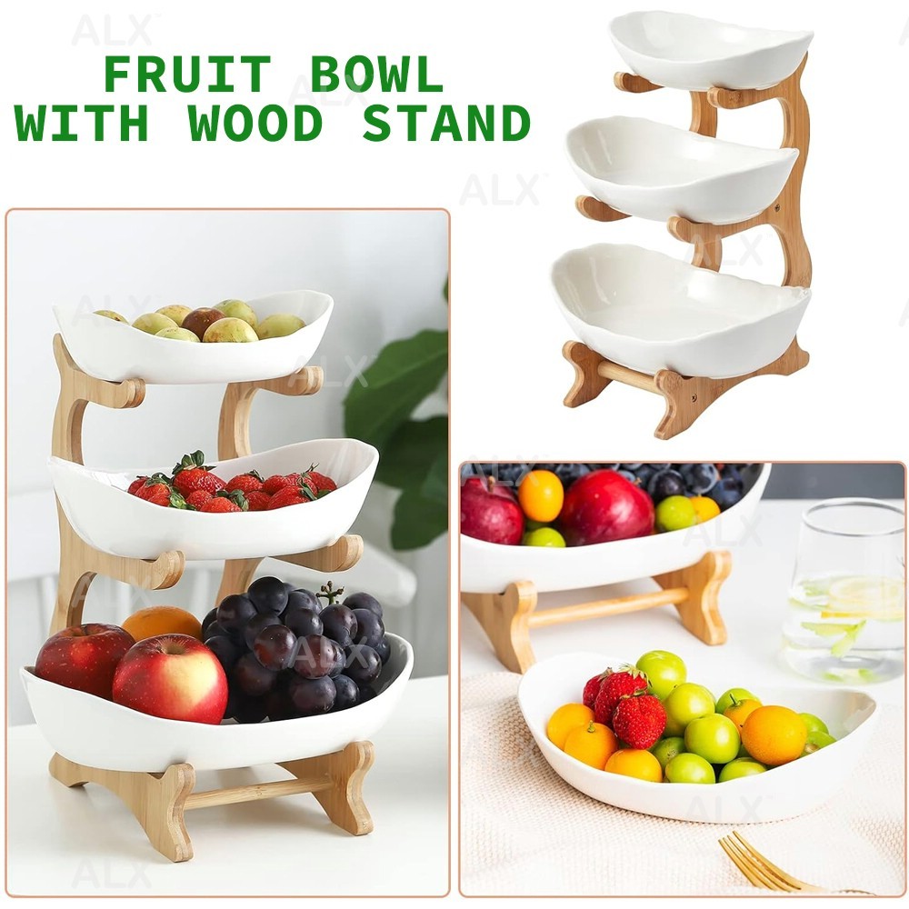ALX 3 Layer Fruit Tray Oval Bowl wt Wooden Stand Multilayer Candy Dish ...