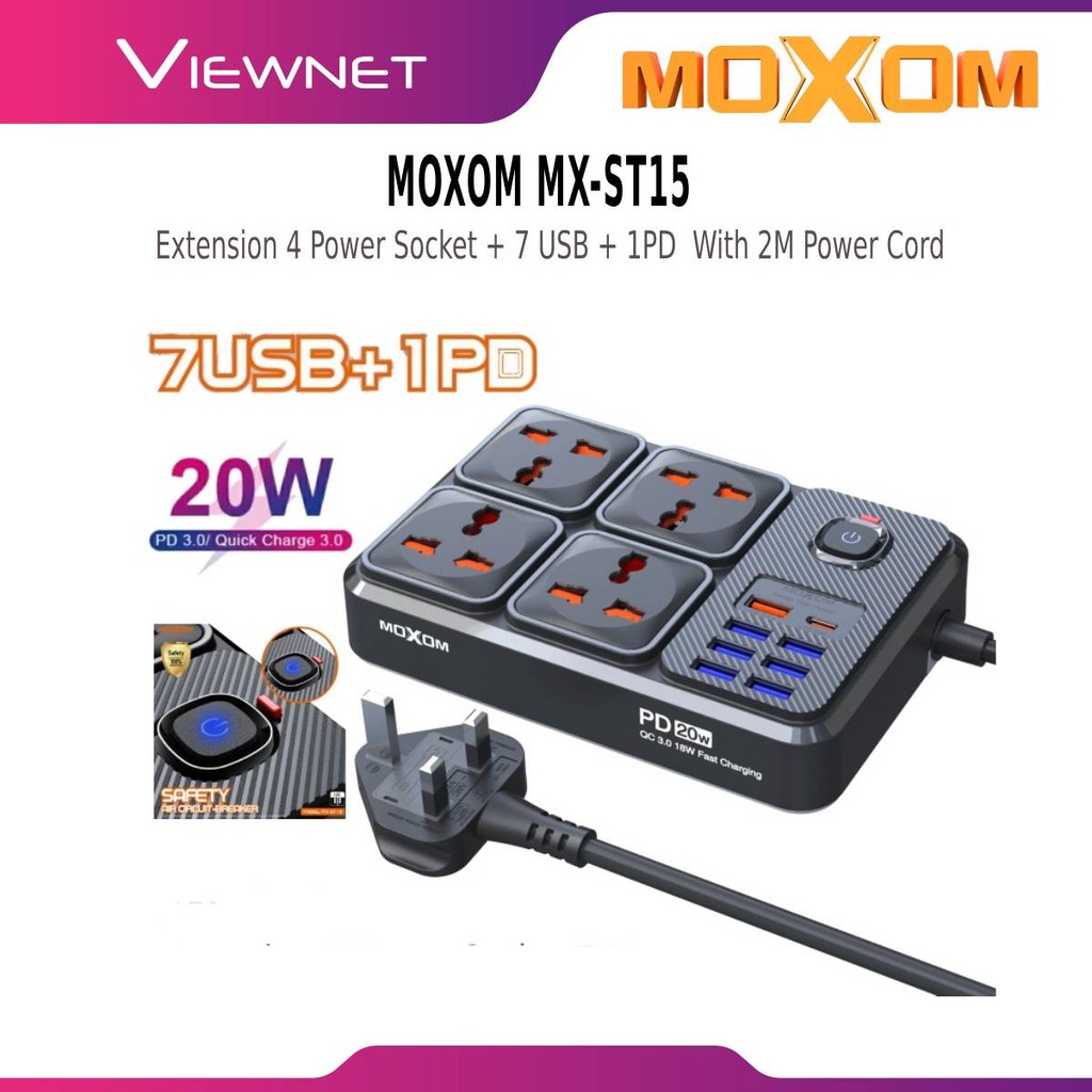 MOXOM MX-ST15 EXTENSION 4 POWER SOCKET + 7 USB + 1PD 20W USB C / QC 18W ...