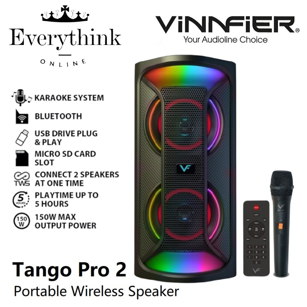 VINNFIER TANGO PRO 2 KARAOKE PORTABLE BLUETOOTH SPEAKER 150W MAX WITH 1 WIRELESS MICROPHONE MIC ...