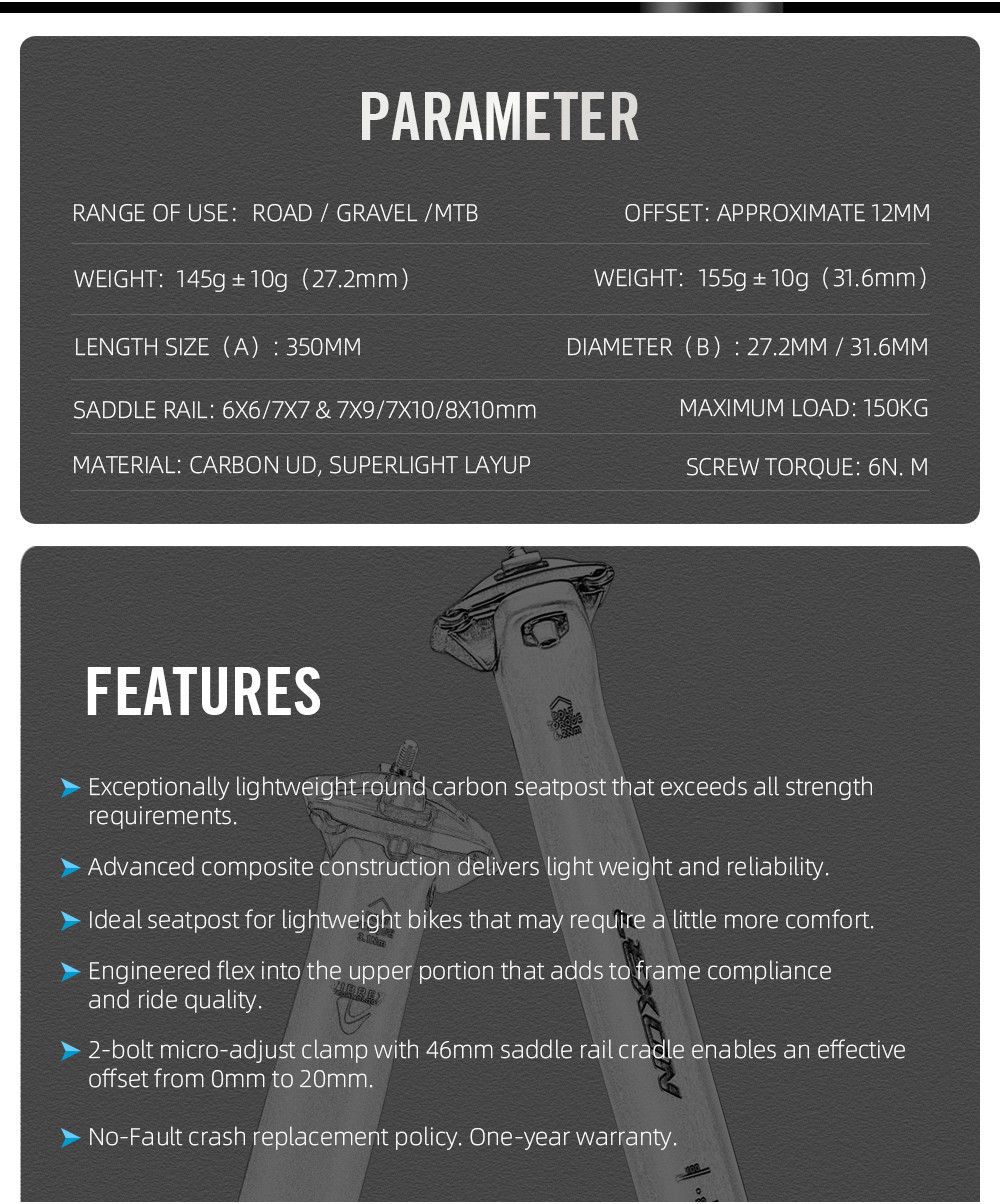 LEXON Ultralight 145g/155g Bicycle Seatpost Carbon 27.2/31.6mm Two Sizes MTB/Gravel/Road Bike ...