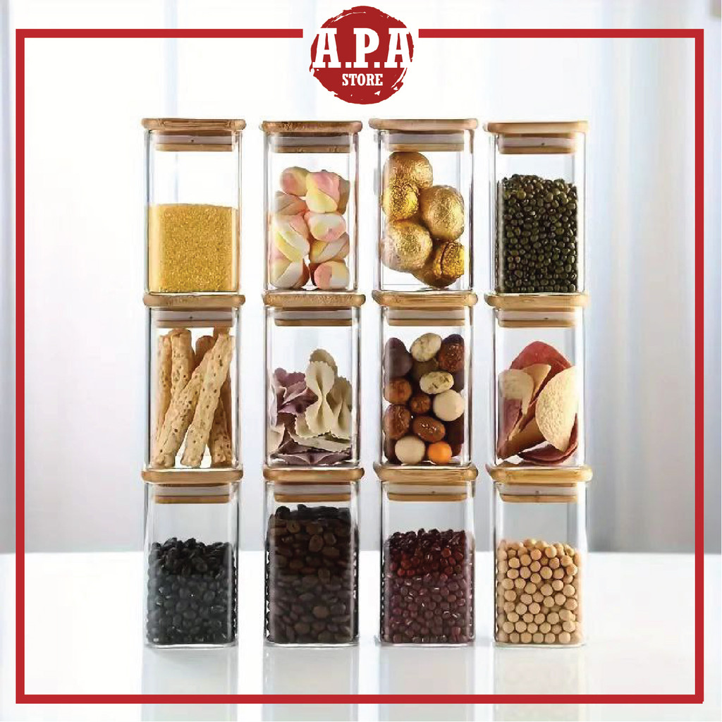APA Bamboo Jar Set With Label 260ml Spices Food Storage Glass Jar Wood ...