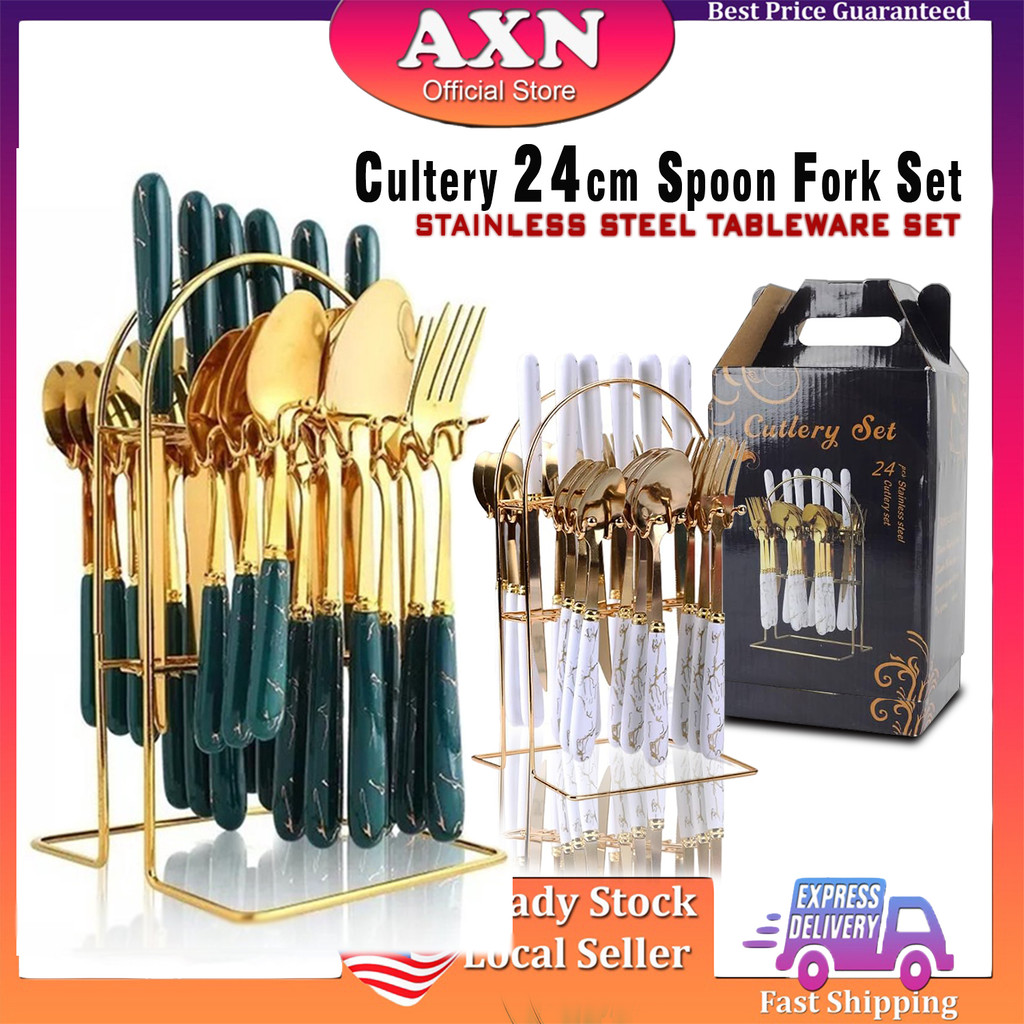 AXN 24pcs Spoon Fork Set Stainless Steel Tableware Cutlery Spoon Fork ...