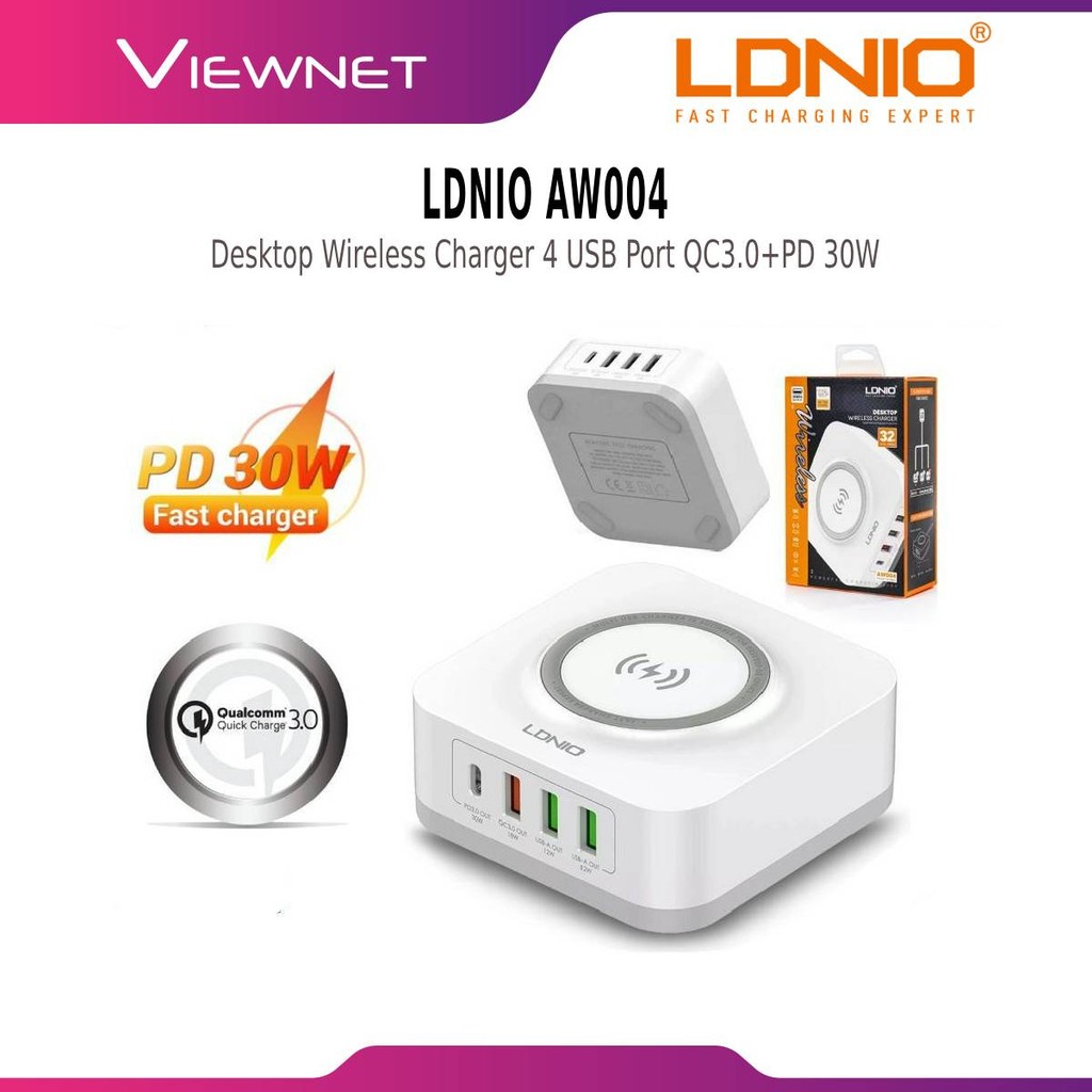 LDNIO AW004 32W (UK PLUG) DESKTOP WIRELESS CHARGER WITH 4 USB PORT QC3 ...