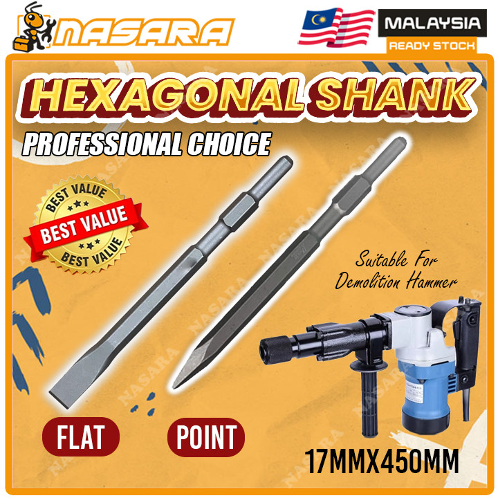 Nasara 1pcs Hex Shank Chisel Bit 17mm X 450MM Point Flat Concrete ...