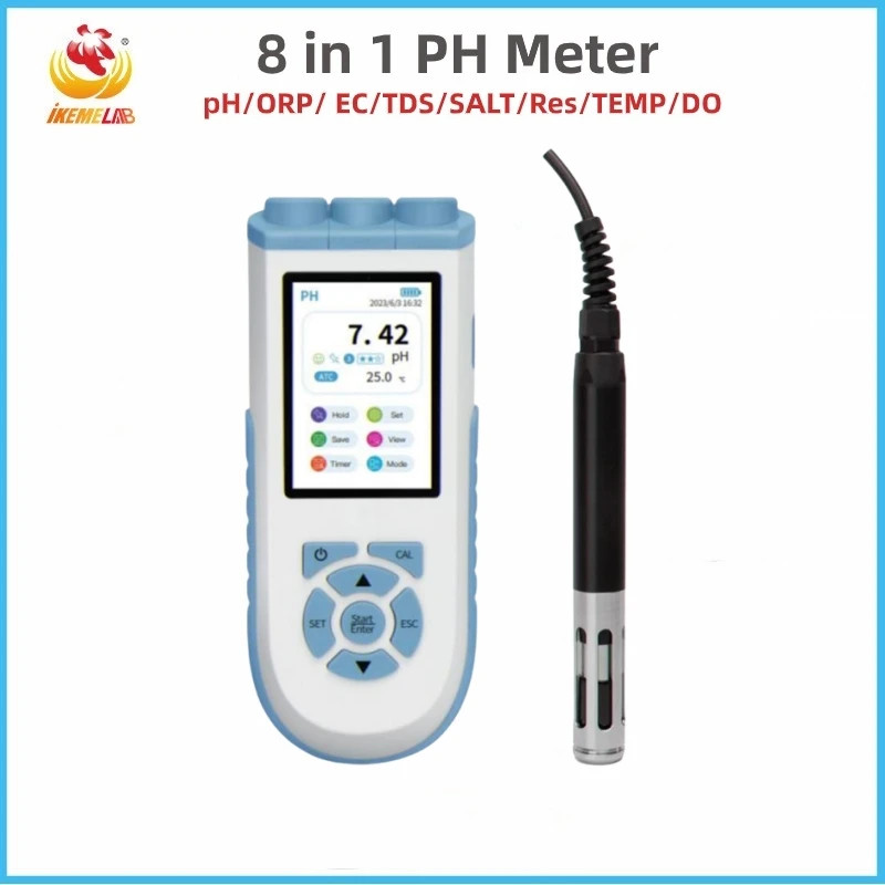 IKEME PH Meter 8 in 1 Water Dissolved Oxygen Meter Digital pH/ORP/ EC/TDS/SALT/Res/TEMP/DO High ...