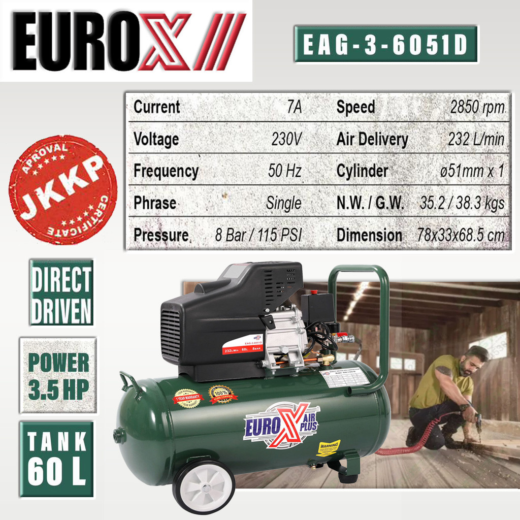 EUROX AIR PLUS AIR COMPRESSOR 3.5HP/60L /EAG-3-6051D - Heavy Duty with JKKP Cert | Shopee Malaysia
