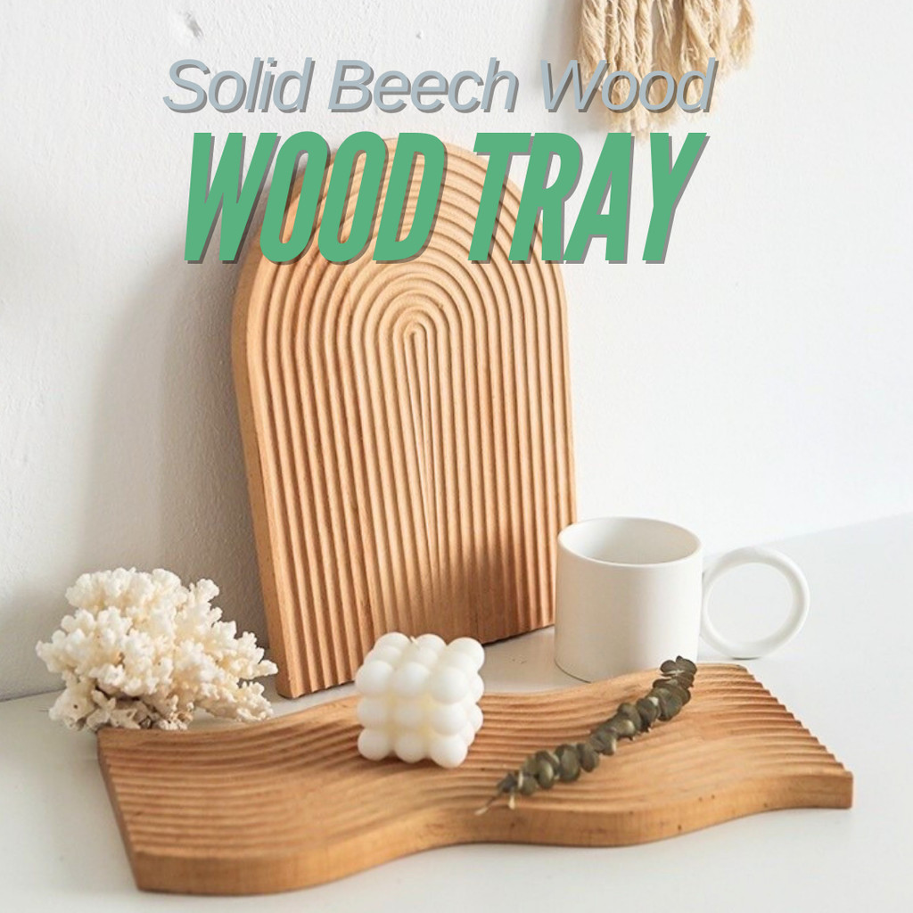 BC Nordic Wooden Serving Tray Dessert Wavey Platter Anti-Slip Cake Food ...