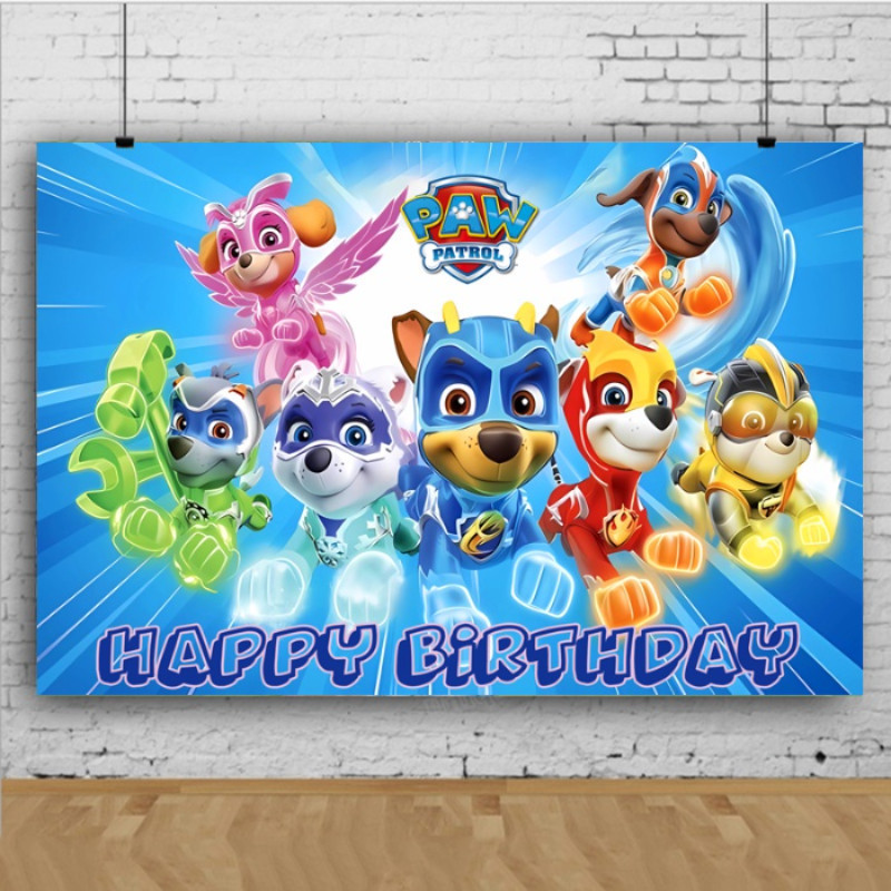 Paw Patrol Blue themed birthday party, cartoon characters, flag banners ...