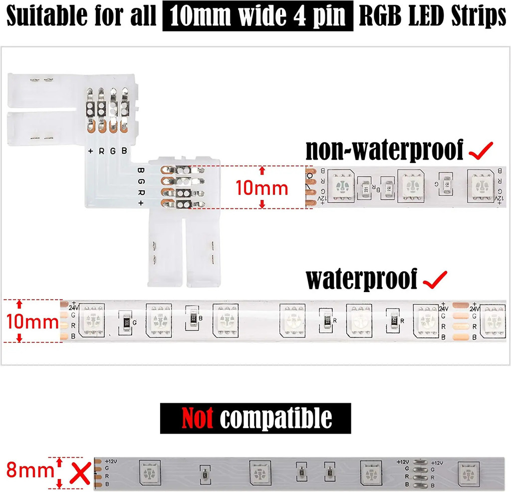 4-Pin L Shape LED Connectors 10mm Wide Right Angle Corner Connectors ...
