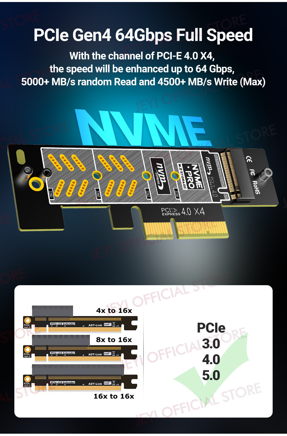 JEYI M.2 NVME to PCIe 4.0 3.0 Adapter With Aluminum SSD Heatsink, NVMe 64Gbps Gen4 PCIE X4 X8 ...