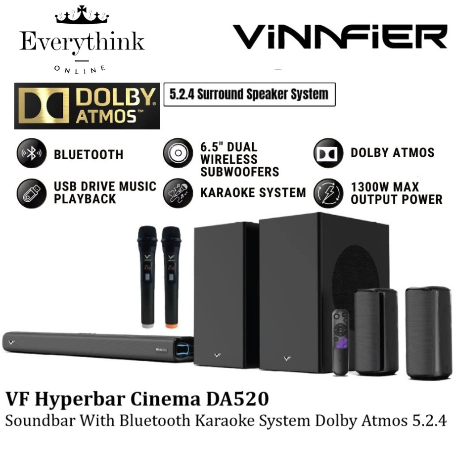 VINNFIER VF HYPERBAR CINEMA DA520 1300W DOLBY ATMOS 5.2.4 SOUNDBAR WITH ...