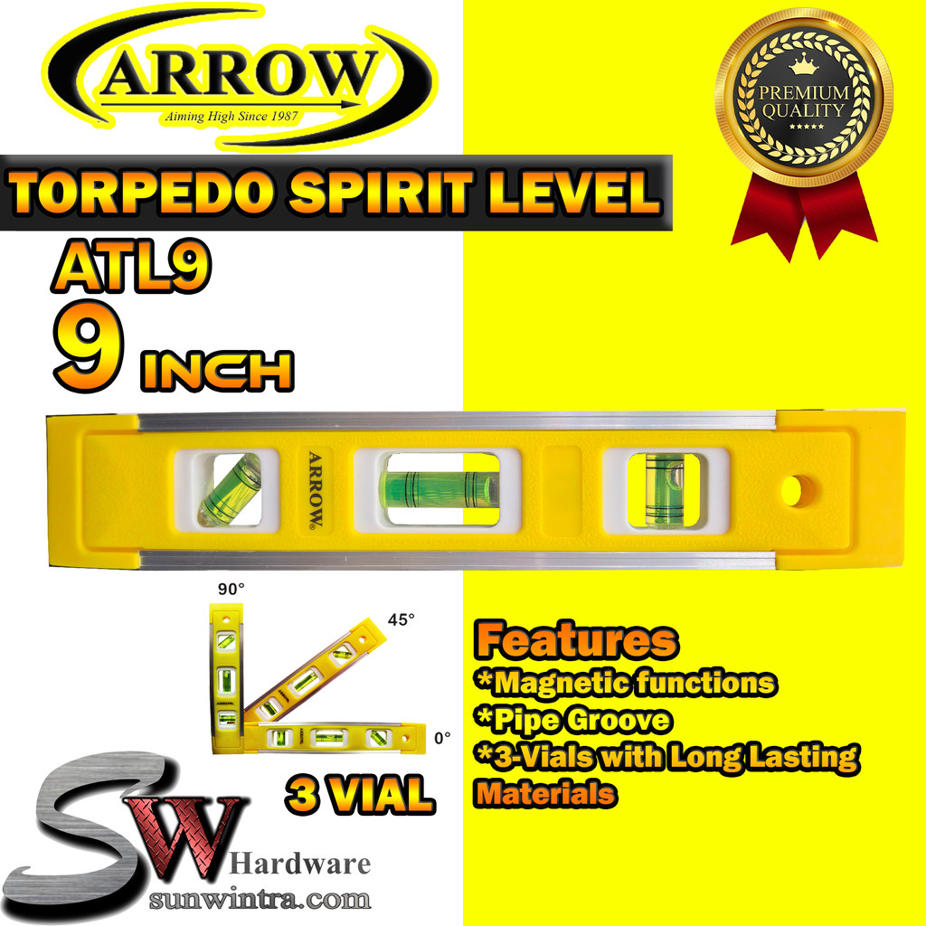 Arrow 9" 3 level Torpedo Level with magnetic base #ATL9 Spirits Torpedo Level 3 Vials | Shopee ...