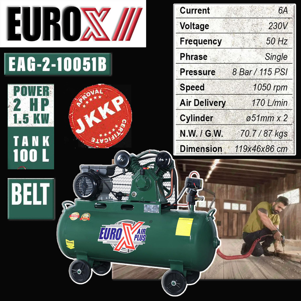EUROX AIR PLUS AIR COMPRESSOR 2HP/100L /EAG-2-10051B - Heavy Duty with JKKP Cert | Shopee Malaysia