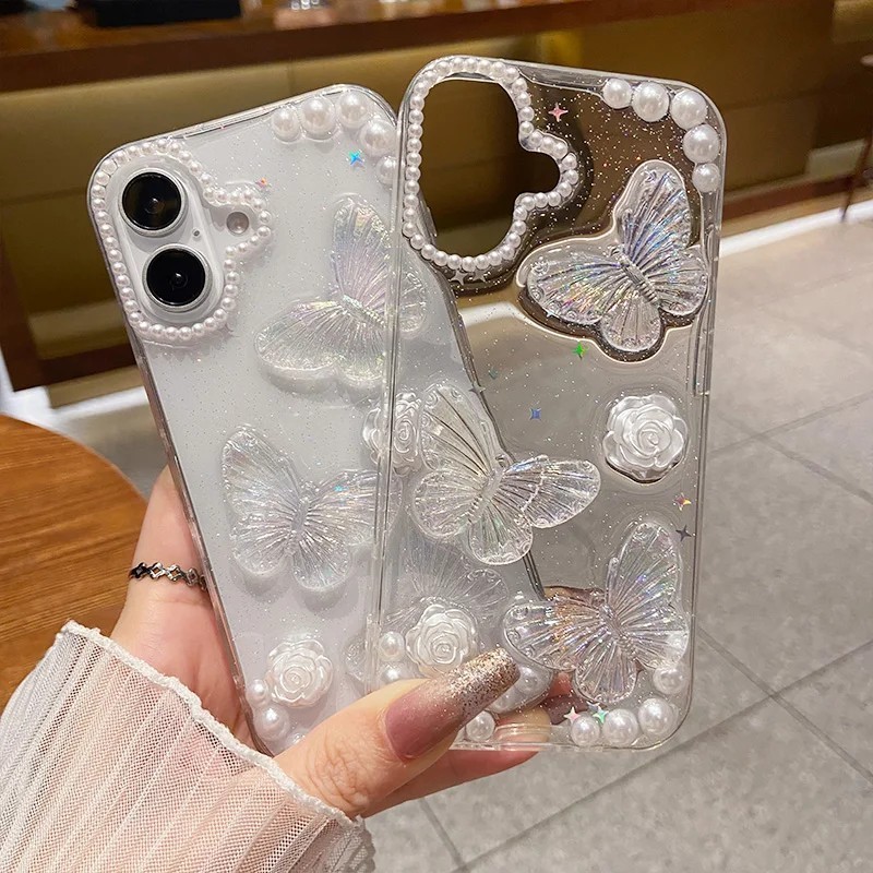 Glitter Transparent Laser Butterfly Flower Pearls Case for IPhone 17 ...