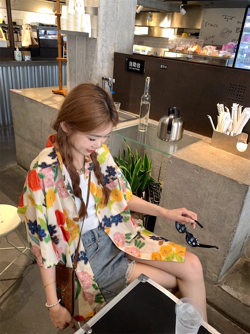 Solovely Wanita Gaya Korea Baju Print Bunga Leher Polo Blouse | Shopee ...
