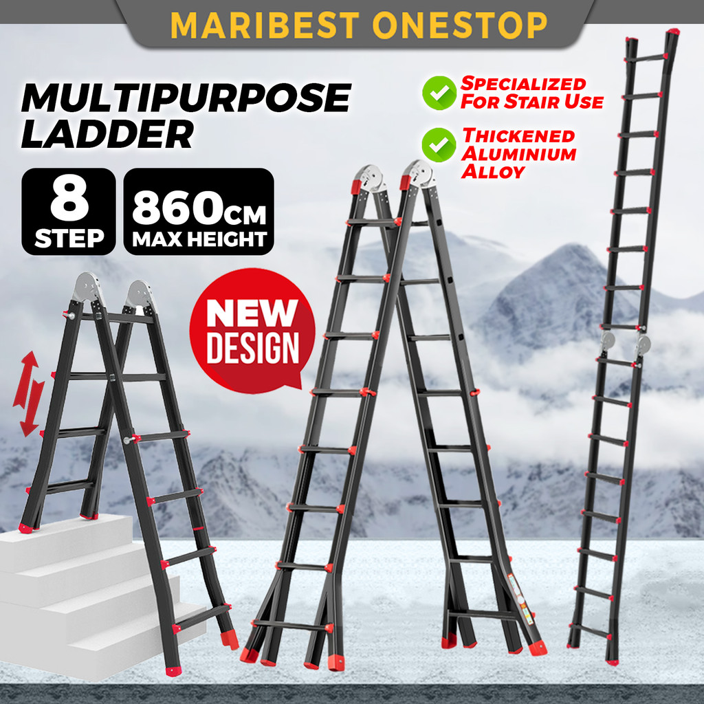 8 Step Black Transformable Telescopic Extendable Ladder Heavy Duty ...