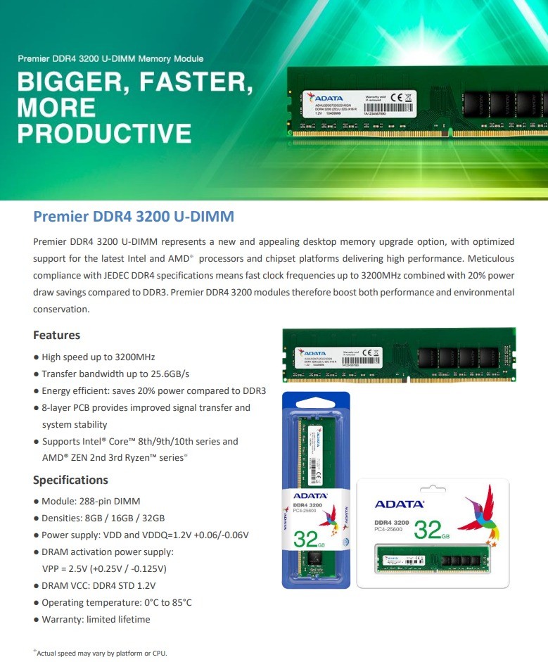 ADATA RAM Desktop DDR4 8GB / 16GB 3200MHz CL22 U-DIMM Value Series Long DIMM PC Memori Komputer ...