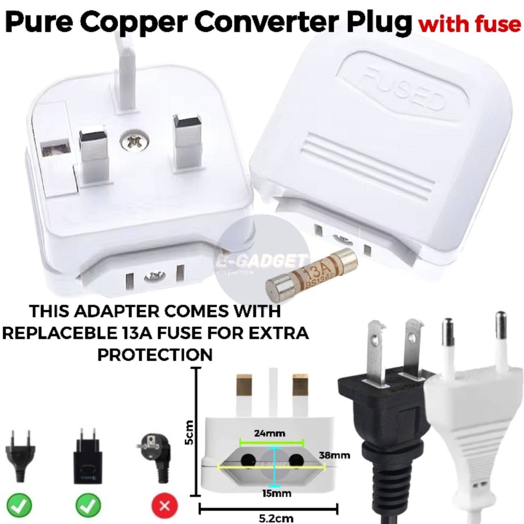 PURE COPPER EU US AU UK CONVERT PLUG WITH FUSED EURO US 2 PIN AU 2 PIN ...