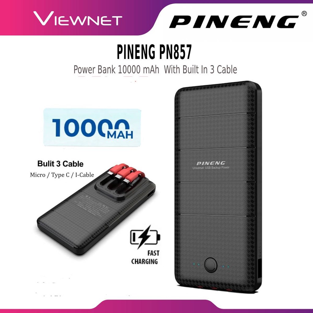 PINENG PN857 POWER BANK 10000MAH WITH 3 BUILT IN CABLE MICRO / TYPE C ...
