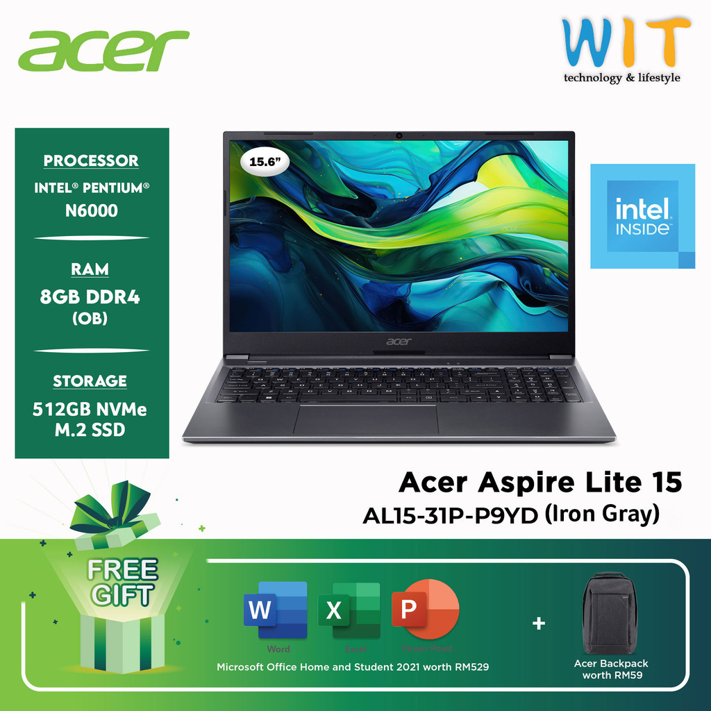Acer Aspire Lite 15 AL15-31P-P9YD (Intel Pentium Silver N6000/8GB RAM/512GB SSD/15" FHD/Intel ...