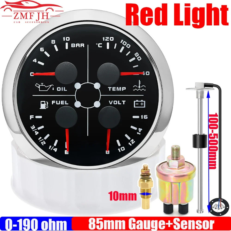 85mm Gauge+Sensor Car Red LED 4 IN 1 Oil Pressure Meter+Fuel Level ...