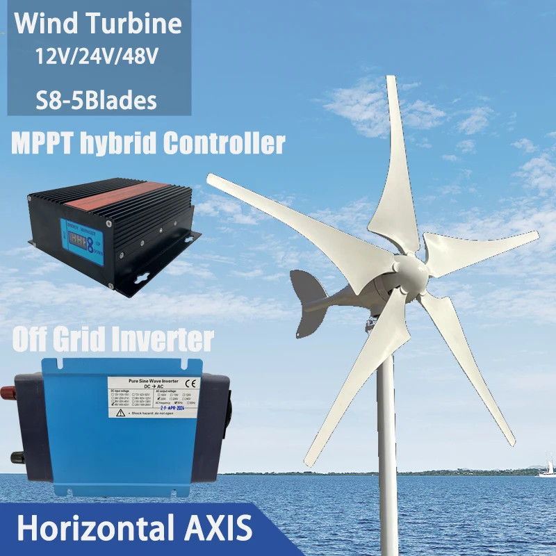 Horizontal Axis Wind Turbine Generator 8000W 6 Blades 12v 24v With MPPT ...