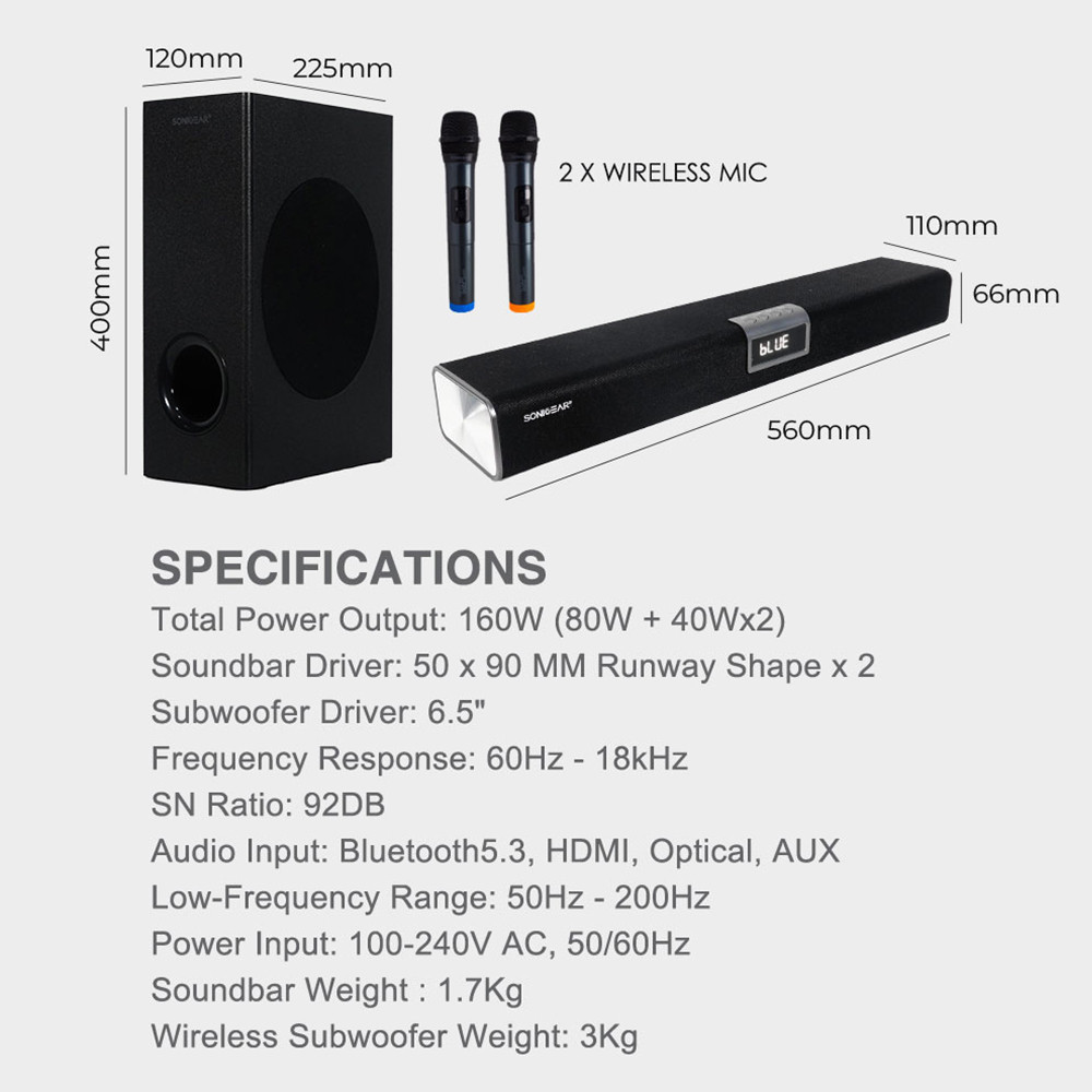 SonicGear SonicBar BT5302 AirBass XB Wireless Soundbar Subwoofer 160w ...