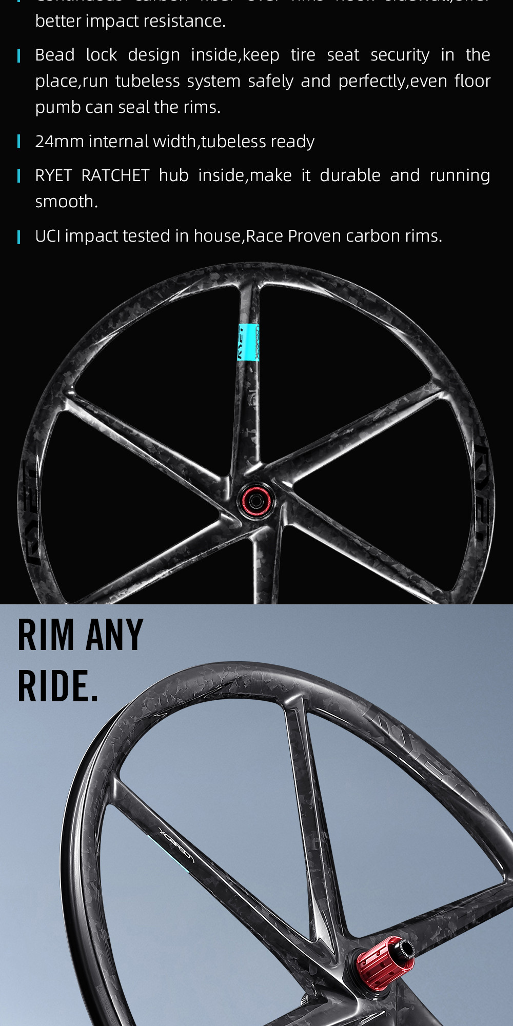 RYET Full Carbon Gravel Wheelset 6-Spoke Carbon Aero Tubeless Ready ...