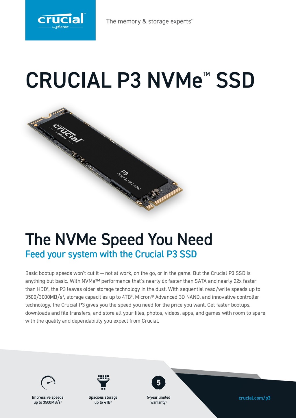 CRUCIAL INT SSD P3 NVME PCIE M.2 2280 INTERNAL SOLID STATE DRIVE WITH ...
