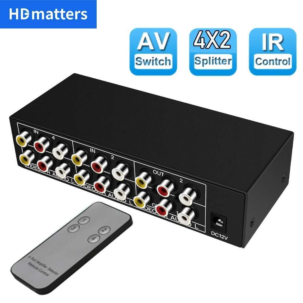 AV Splitter Switch Composite AV Splitter Video 4X2 Analog C-VBS RCA Switcher with Remote Control ...