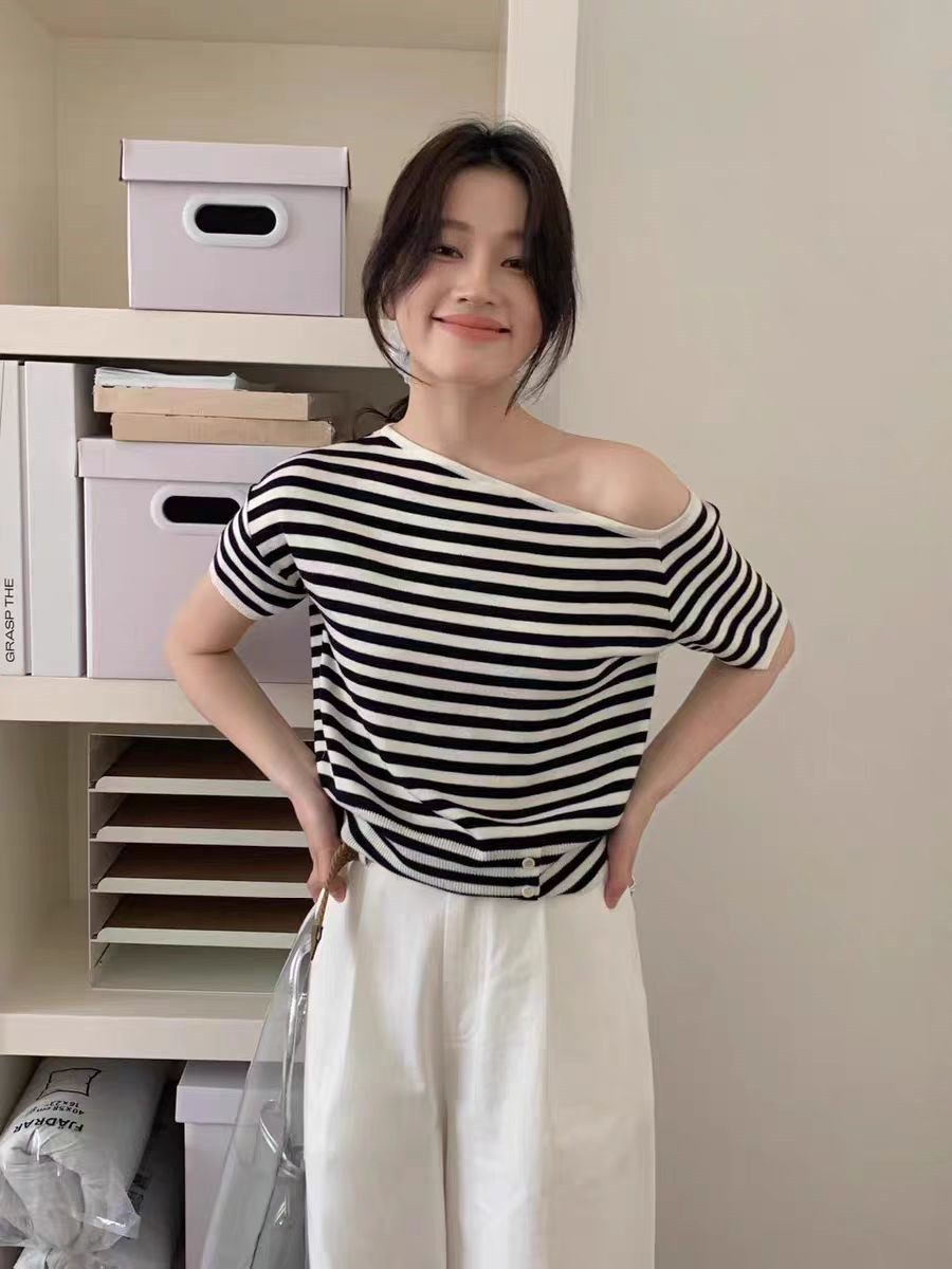 Slanted Shoulder Striped T-shirt Women Short Sleeve Slim Casual Knitted ...