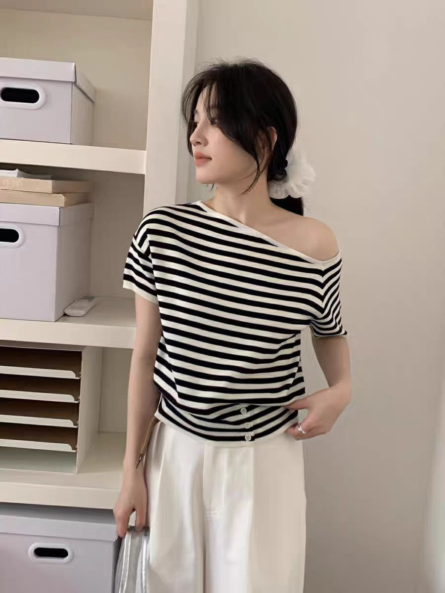 Slanted Shoulder Striped T-shirt Women Short Sleeve Slim Casual Knitted ...