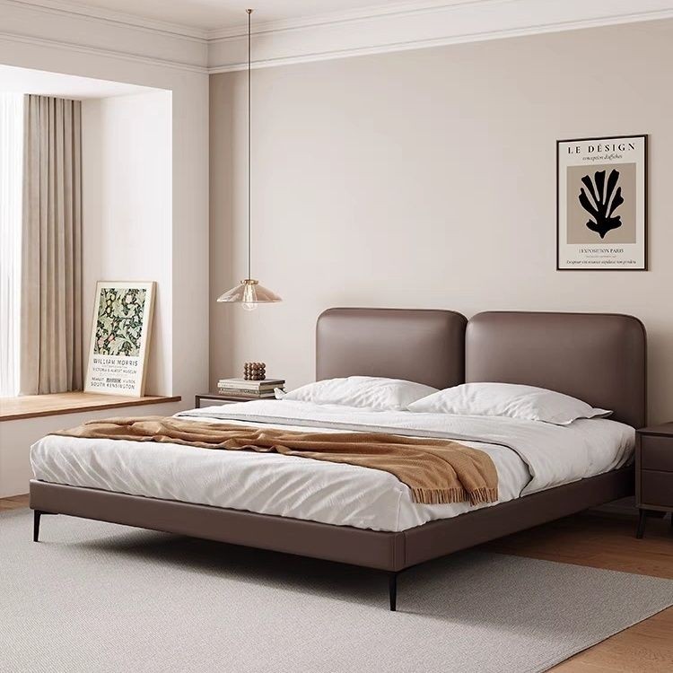 European Retro wooden Leather Bed High Foot Soft Bag Master Bedroom Bed ...