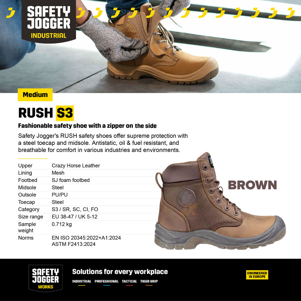 Safety Jogger Safety Shoes RUSH Safety Shoes with Zip Brown Middle Cut ...