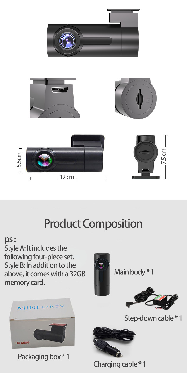 360° rotating shooting dashcam 1080p HD small car driving recorder ...