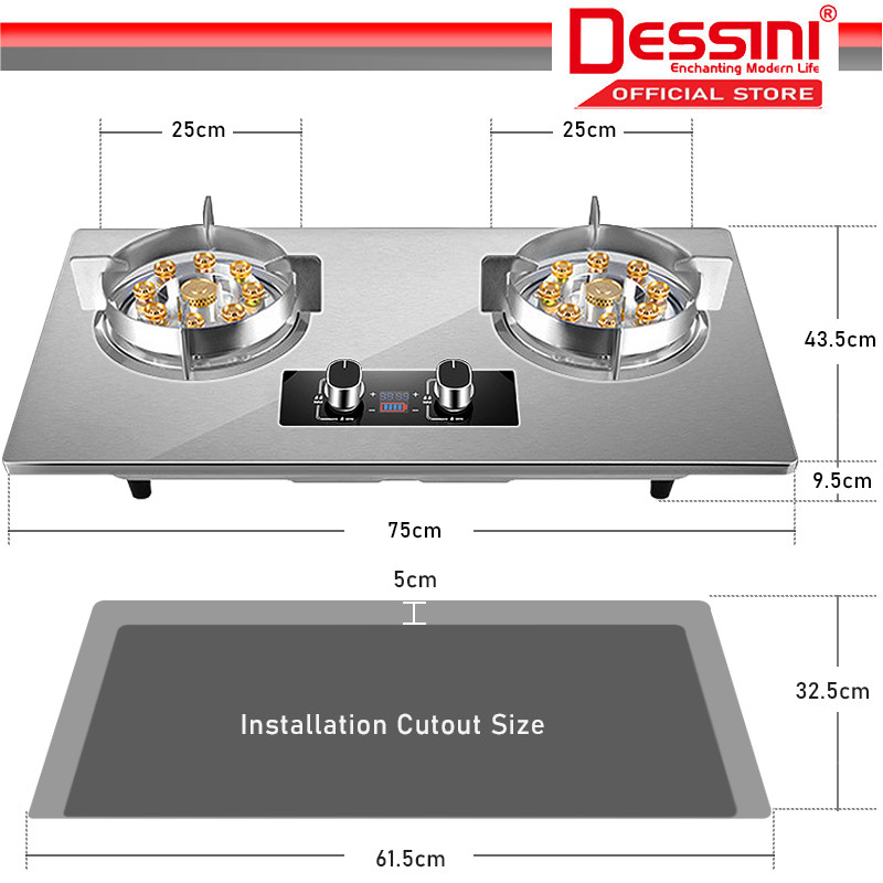 DESSINI ITALY Auto Ignition Gas Cooker Propane LPG Hob 2 Burner Built In Touch Control Cooktop ...
