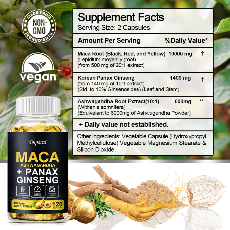 MACA ROOT Capsules Peruvian Maca Extract for Men Organic Vitamins 120 ...