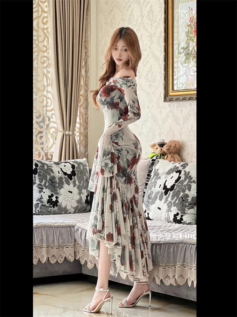 French Retro Gentle Style High-End Rose Printed Classy One-Shoulder Dress Narrow-Waisted Slimmer ...