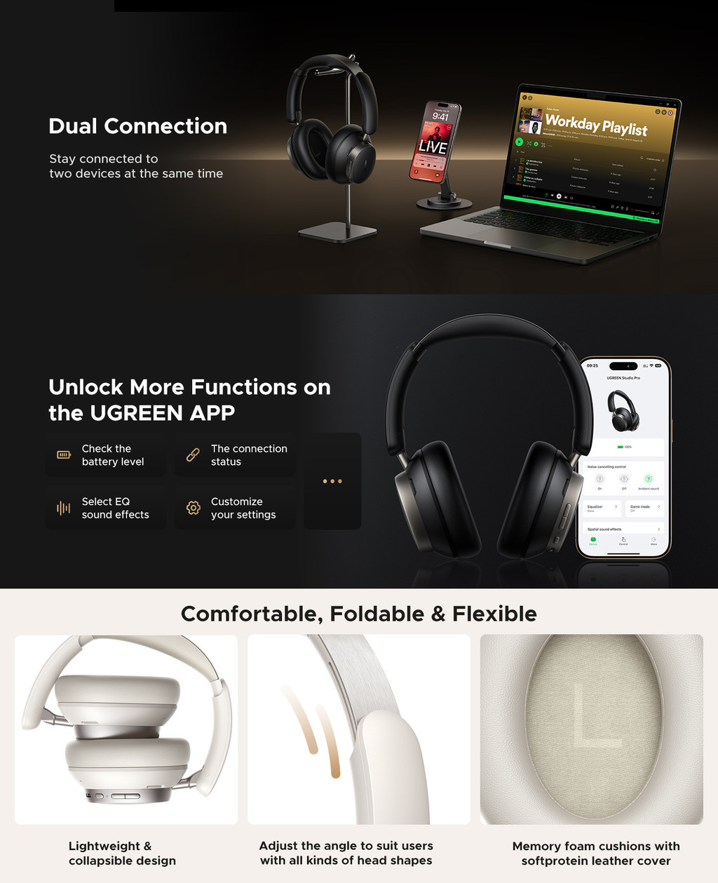 UGREEN Max 6 Studio Pro Bluetooth Wireless Headphone Low Latency Noise Isolation Dual Pairing ...