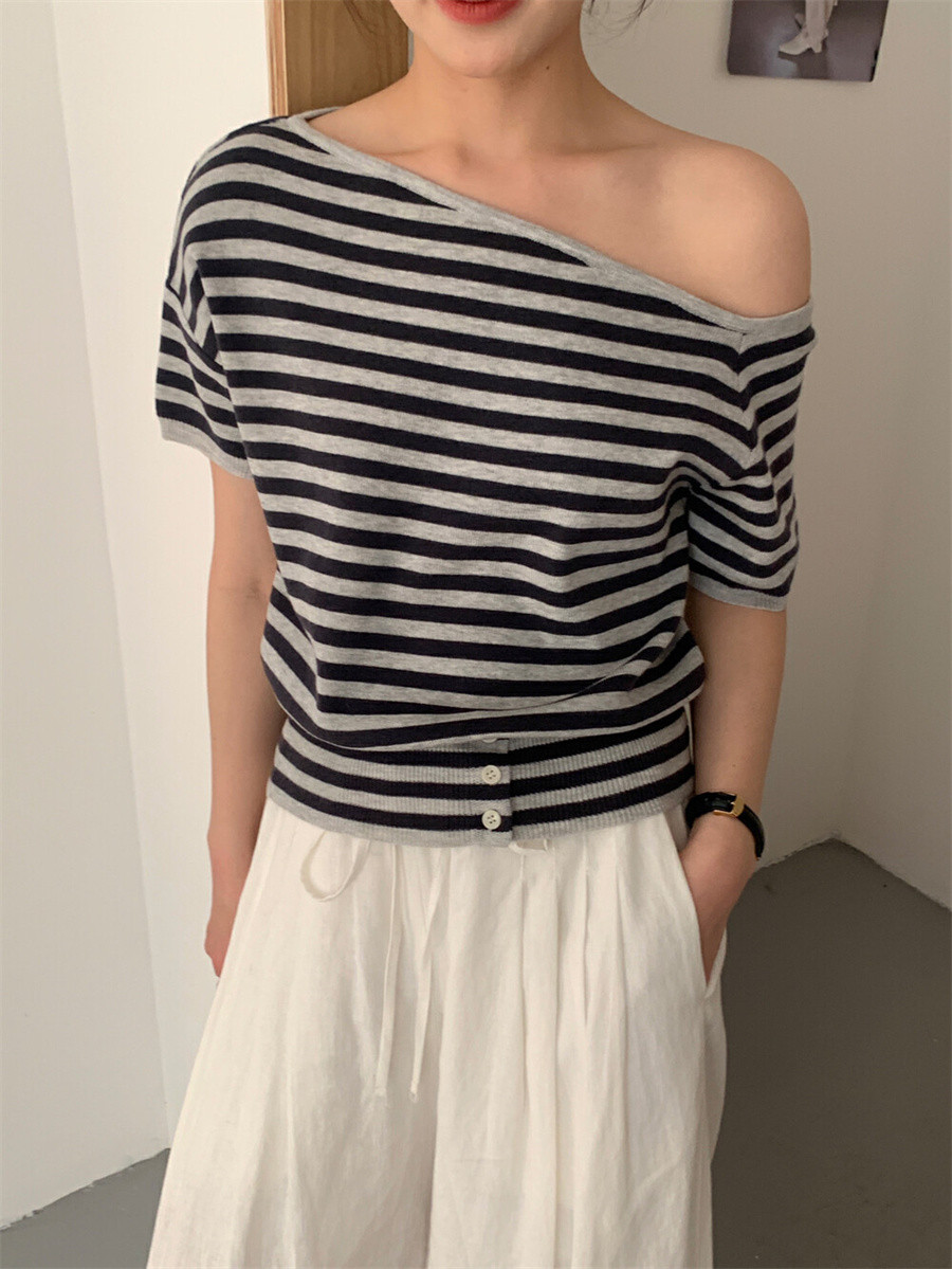 Slanted Shoulder Striped T-shirt Women Short Sleeve Slim Casual Knitted ...
